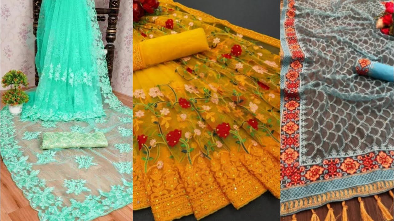 2024 most beautiful embroidery work net saree collection 🌹||designer ...