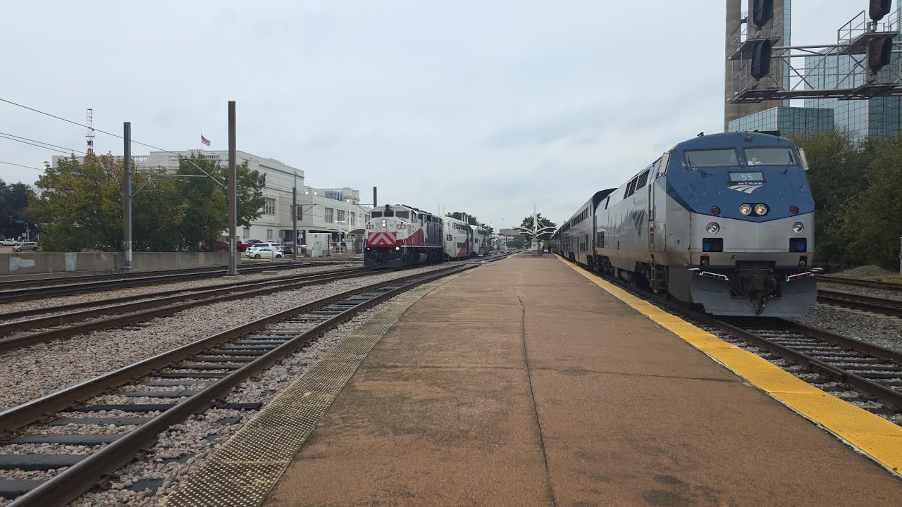 TRE train passing by Amtrak train - YouTube
