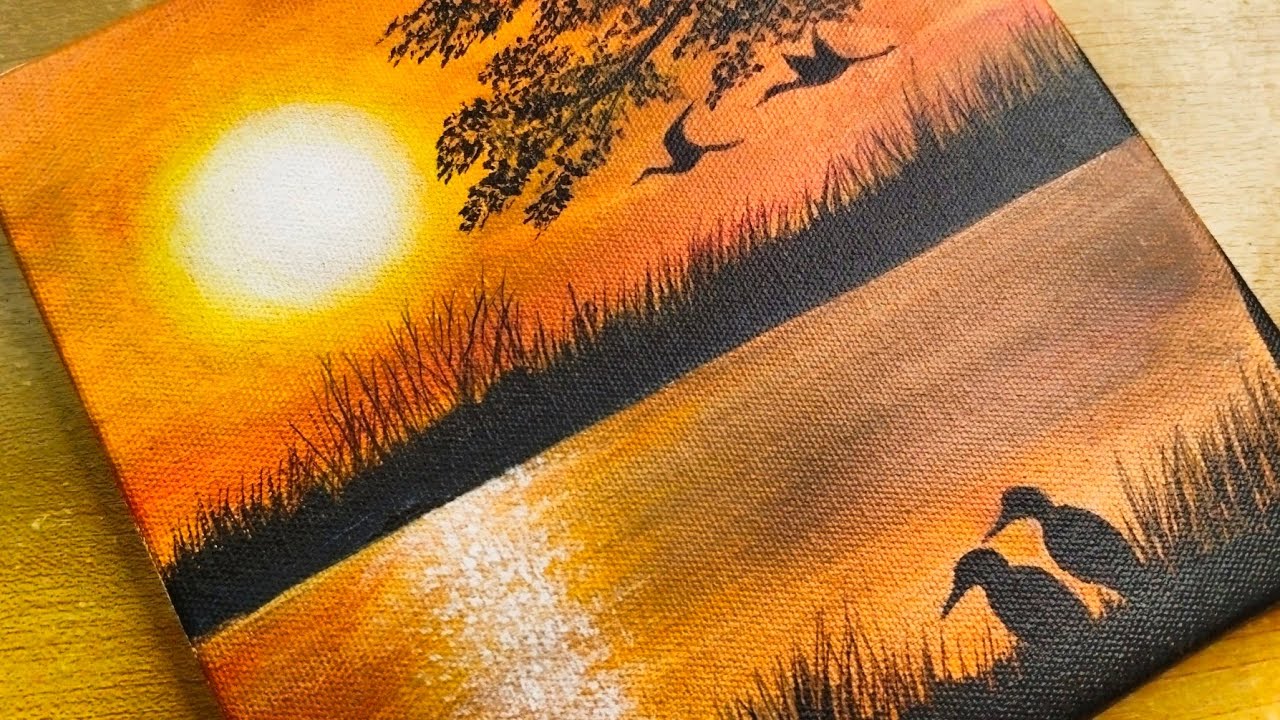 How to Draw a Sunset Lake / Acrylic painting for Beginners - YouTube