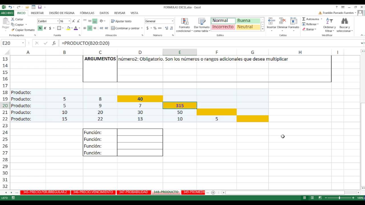 Función PRODUCTO Excel 2013: 348 de 448 HD - YouTube