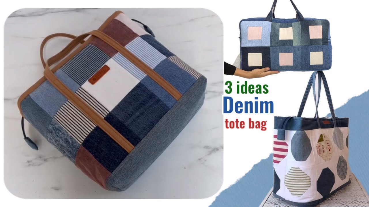 3 ideas denim zipper tote bag from jeans scrap patchwork technique , diy denim zipper tote bag ...