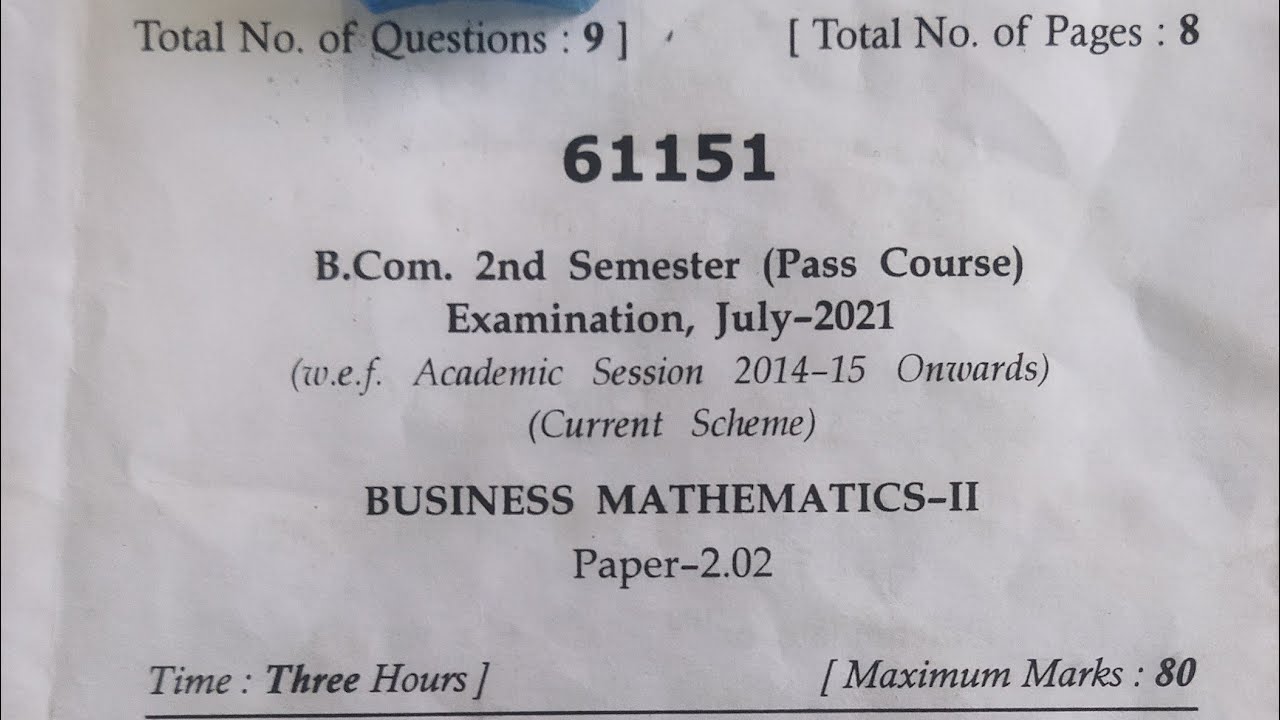 MDU B.Com Business Mathematics, 2nd semester 2021 Question Paper - YouTube