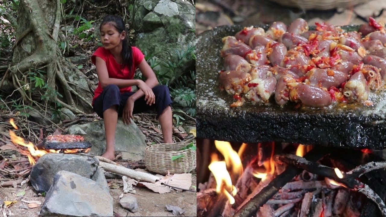 Chicken heart cooking on the rock for Lunch - Cook Chicken heart recipe ...