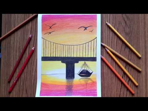 A sunset scenery drawing and a silhouette bridge Colour pencil drawing ...
