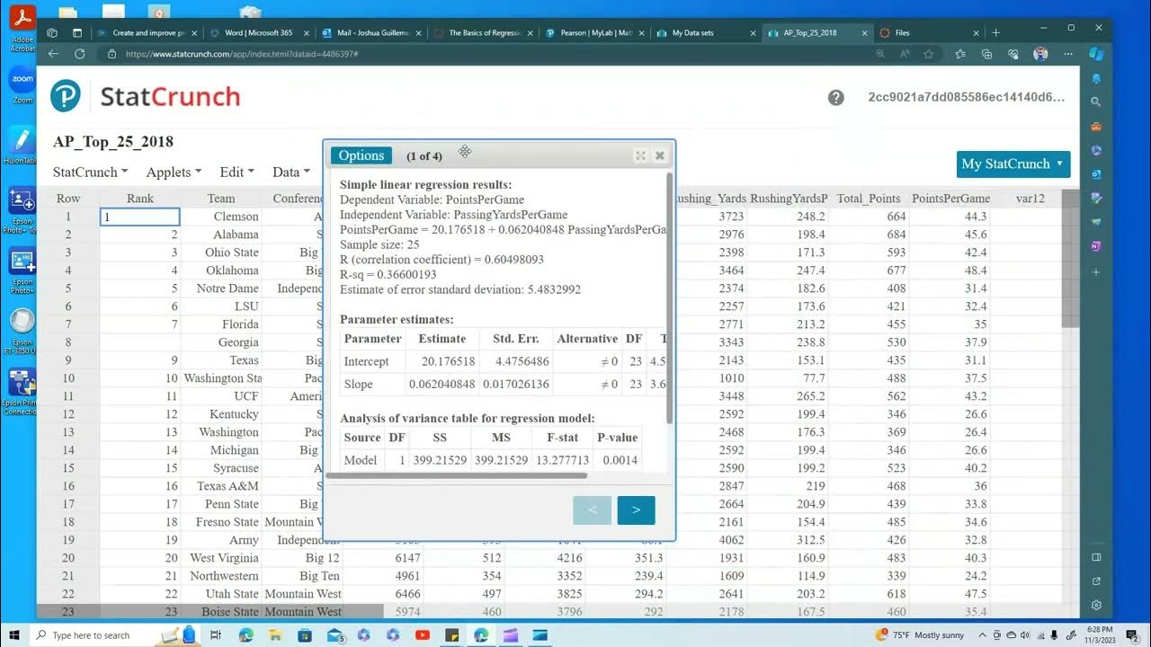 Basics of Linear Regression with StatCrunch - YouTube