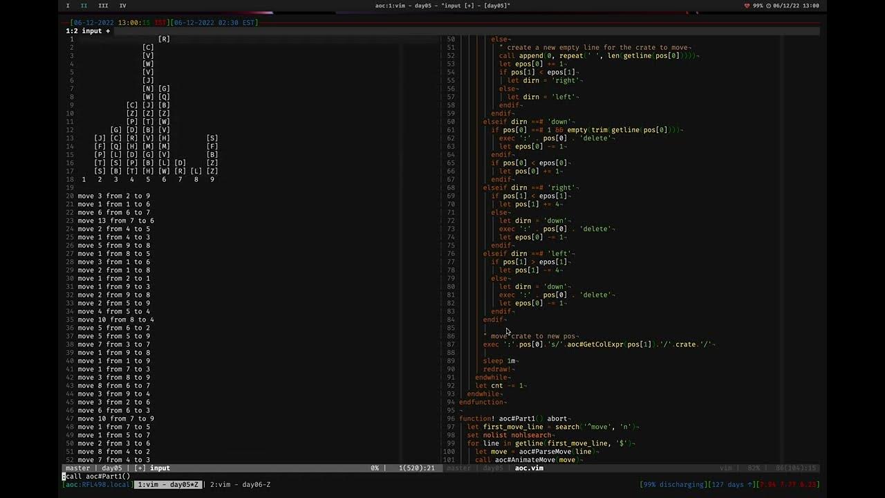 AOC 2022 Day5 Animation using VimScript - YouTube