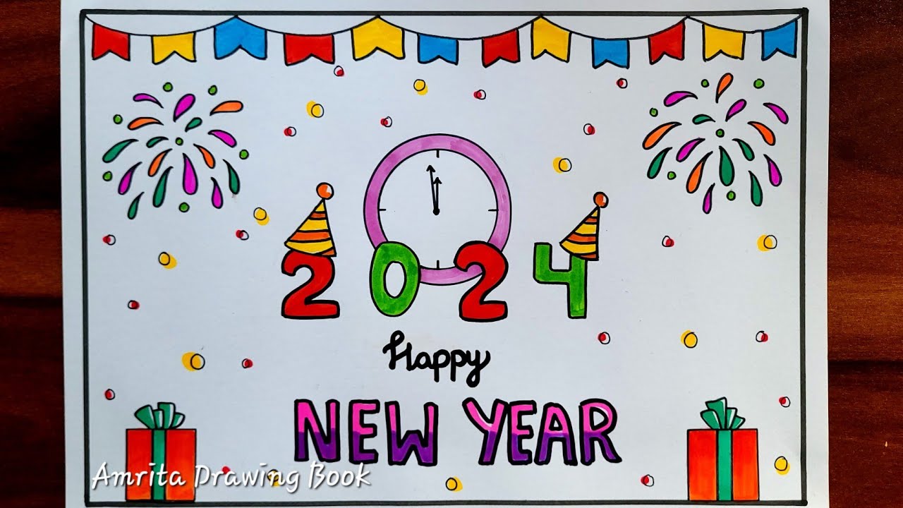 New Year Drawing 2024 | Happy New Year card Drawing easy |Beautiful New ...