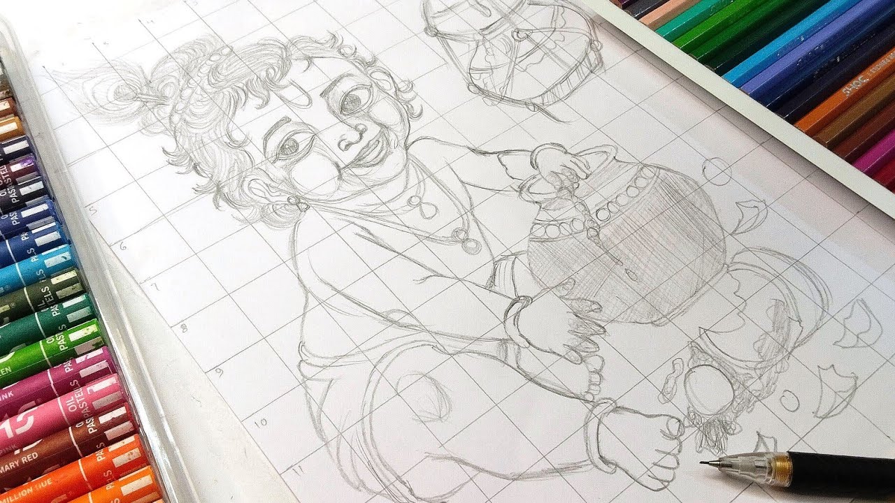 Bal Krishna Eating Makhan Drawing/Baby Krishna drawing/Little Kanha ...