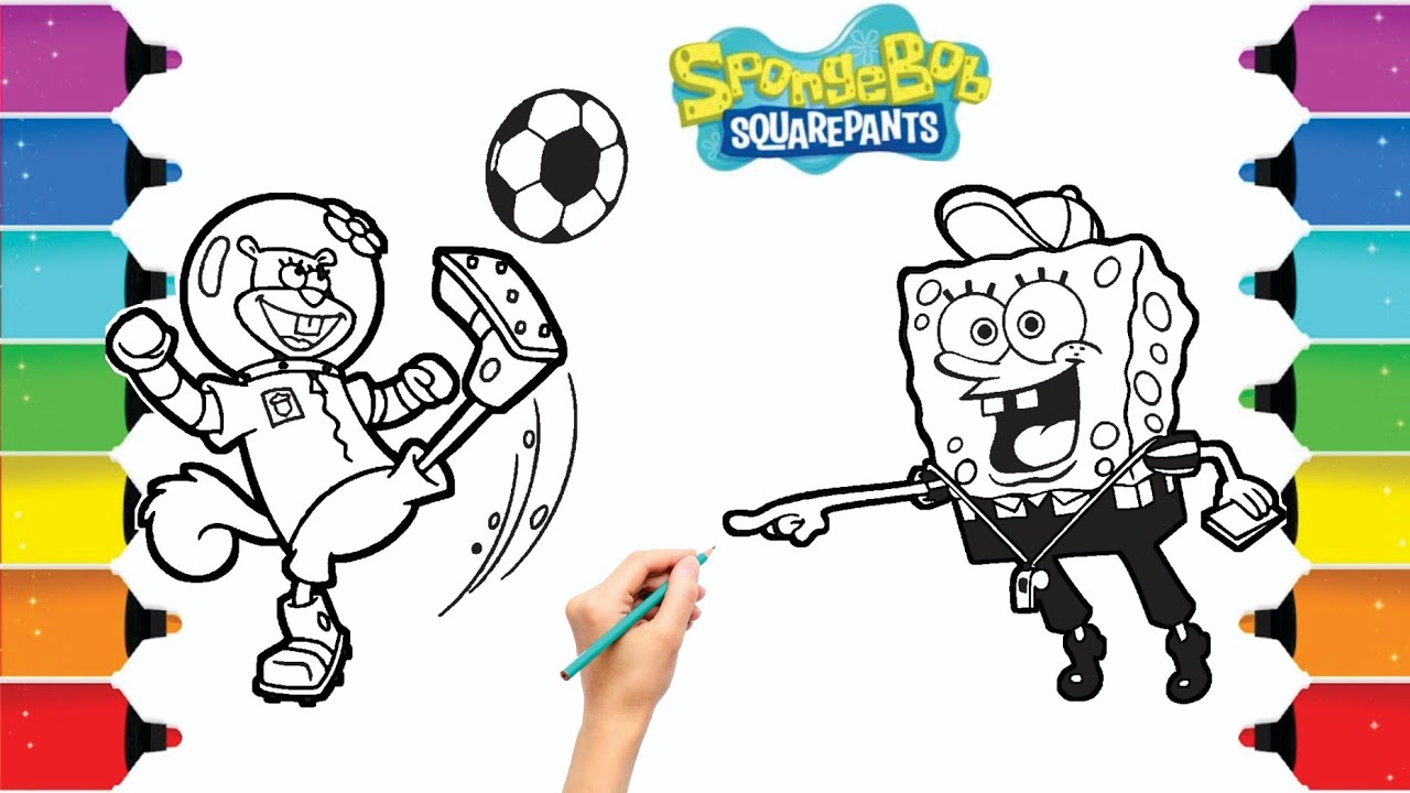 SpongeBob becomes the referee and Sandy kicks the ball Coloring Pages ...