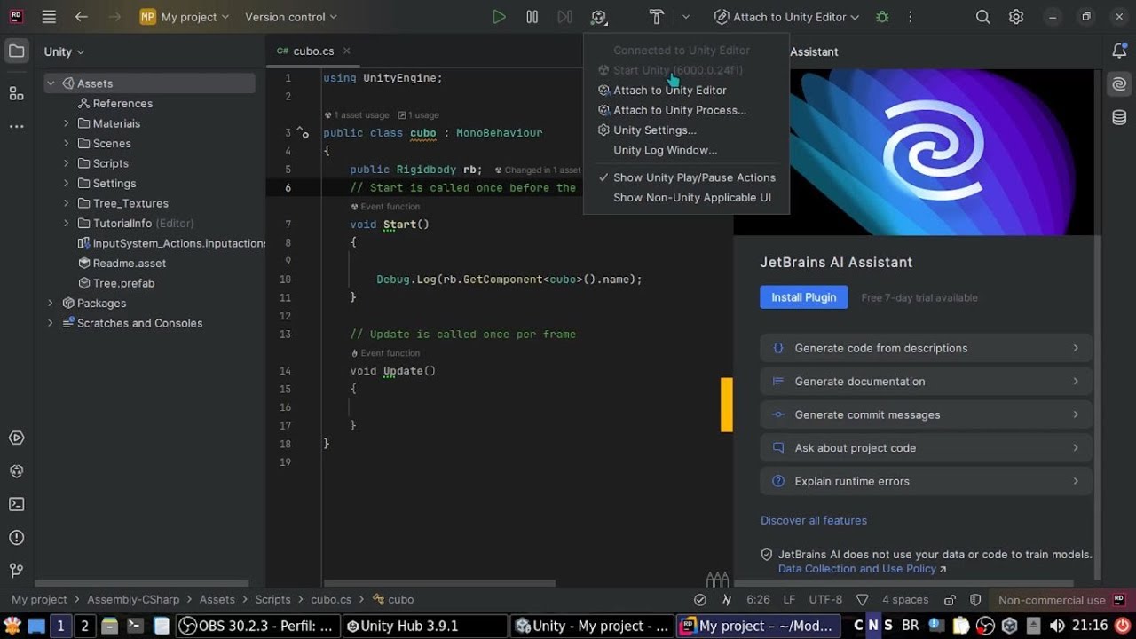 A Unity3D veio com tudo no Linux e com a super IDE Rider da Jetbrains ...