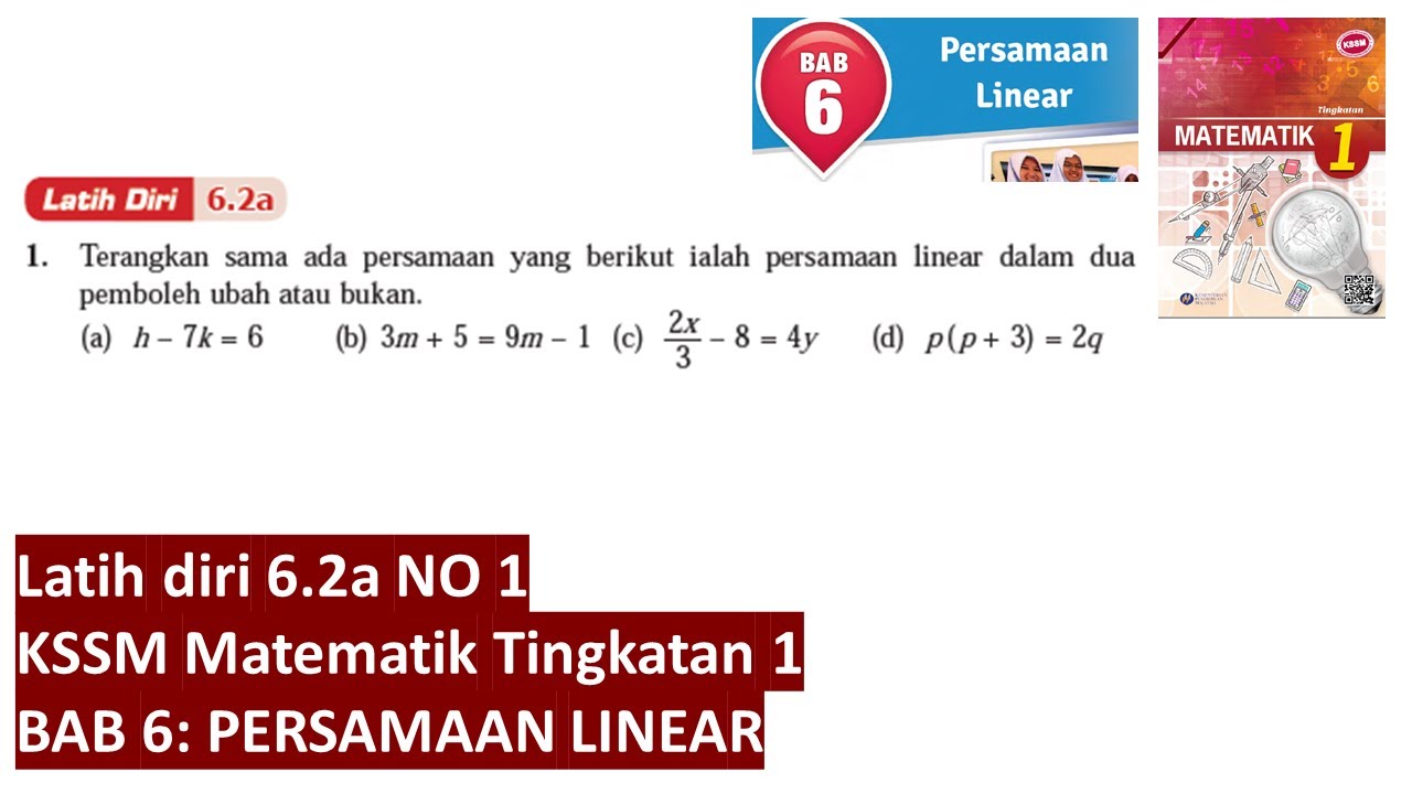 KSSM Matematik Tingkatan 1 Bab 6 latih diri 6.2a persamaan linear buku ...