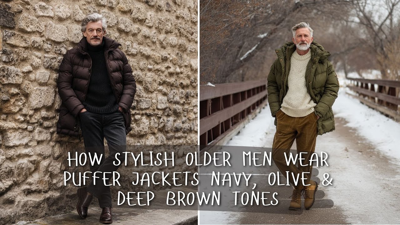 How Stylish Older Men Wear Puffer Jackets Navy Olive & Deep Brown Tones ...