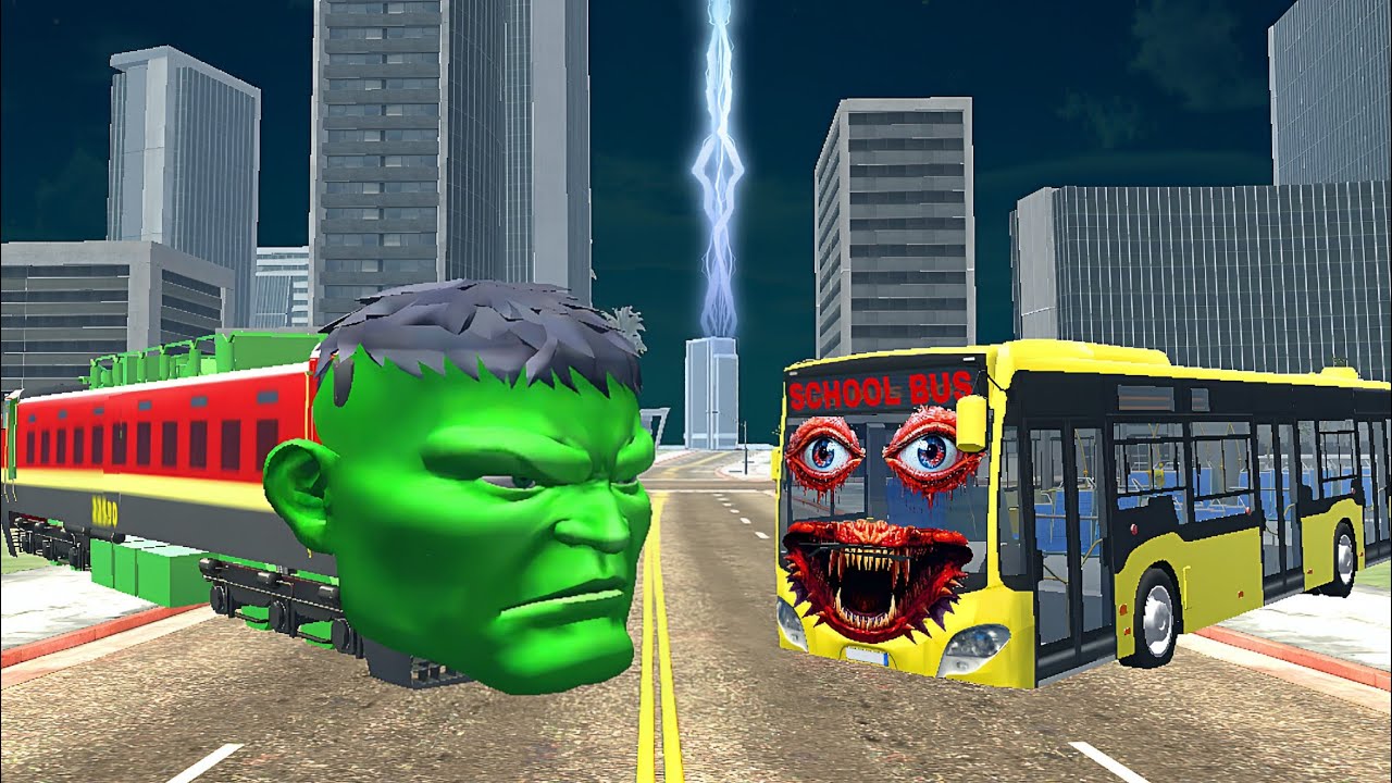 Haunted School Bus vs Green Hulk Train - Indian Bikes Driving 3D Game ...