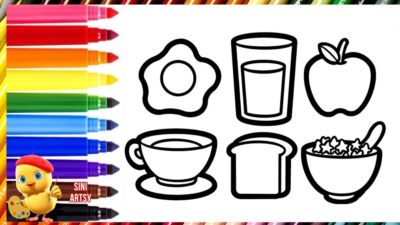 How to draw foods🍳🍞🍚☕️🍎 Easy for Kids & Toddlers - YouTube