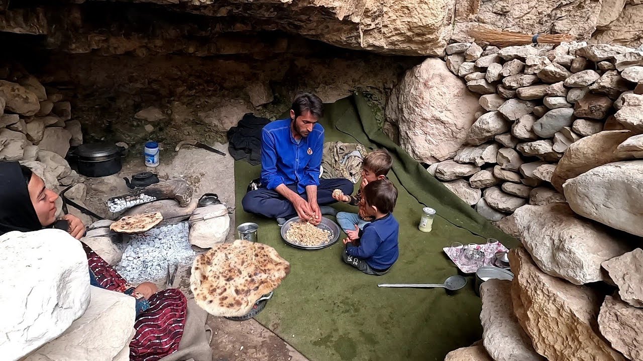 Living in a cave on a rainy day and cooking bread on the fire (Iran ...
