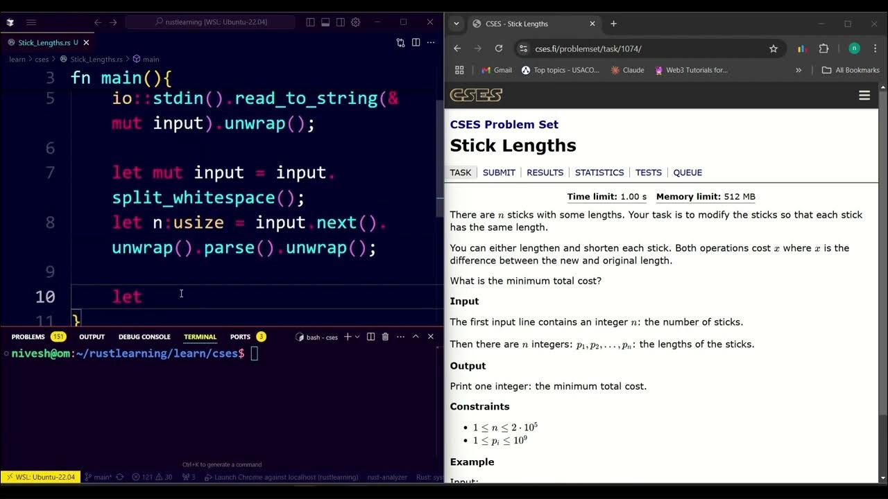 Day 18 of coding in rust | CSES Stick Lengths| Rust Coding Challenge - YouTube