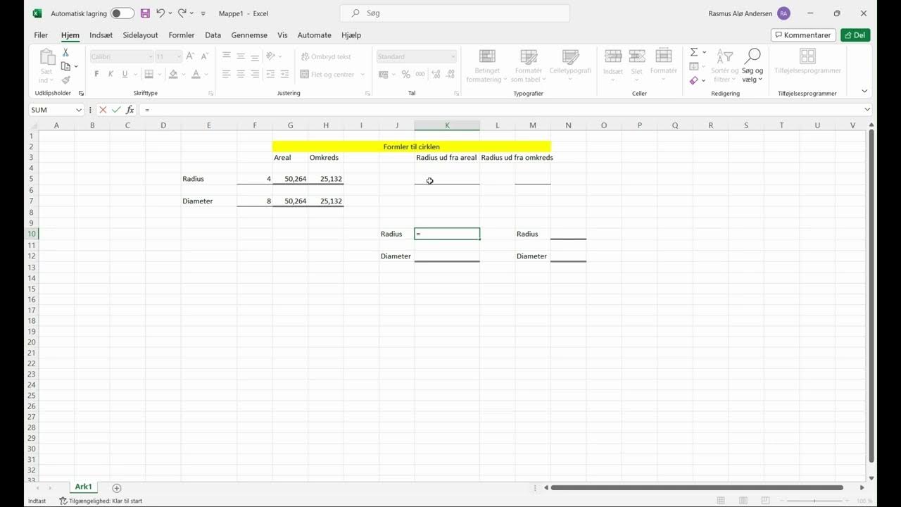 Excel formel til beregning af radius areal, omkreds med mere - YouTube