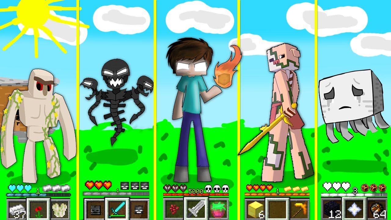 Minecraft HOW TO PLAY CARTOON GOLEM GHAST HEROBRINE WITHER PIGMAN MOBS ...