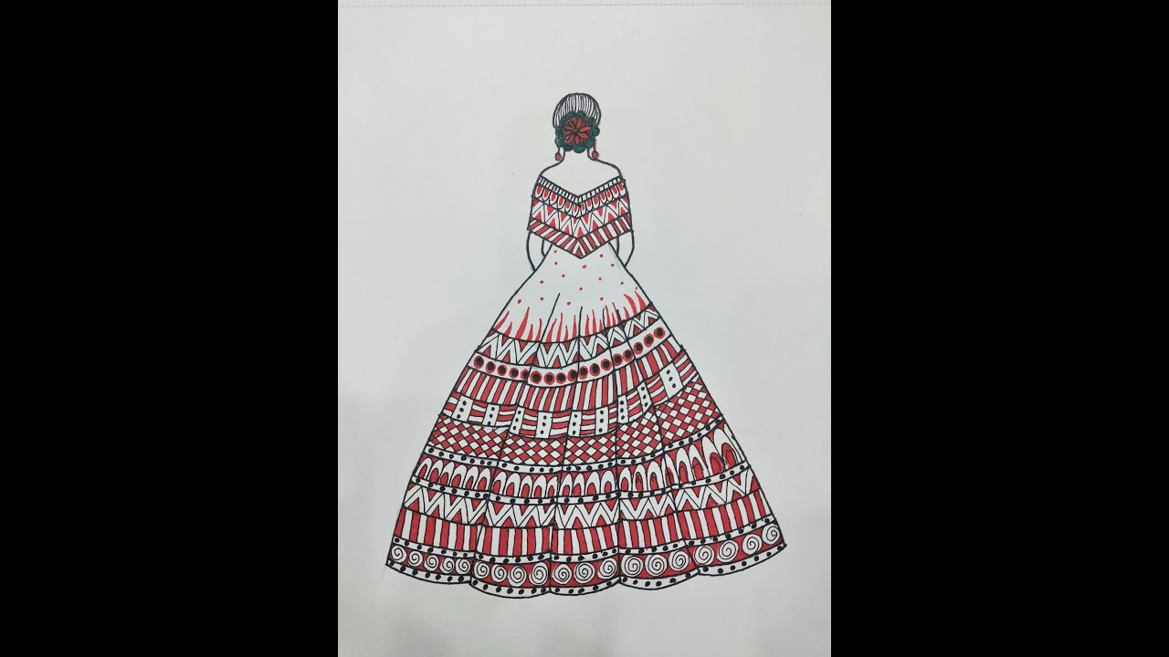 Easy Backside Lehenga Girl Drawing. Traditional Indian Outfit Sketch ...