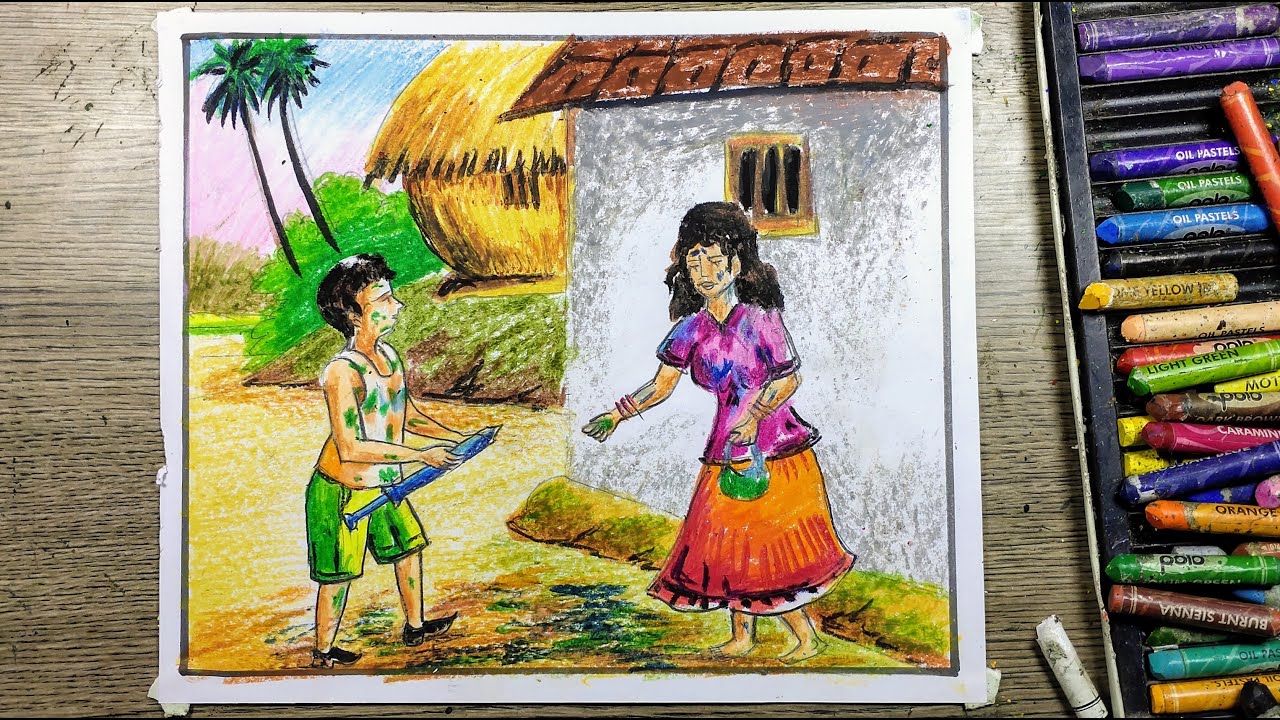 Holi special drawing with oil pastel very easy/Ever Art Holi special ...