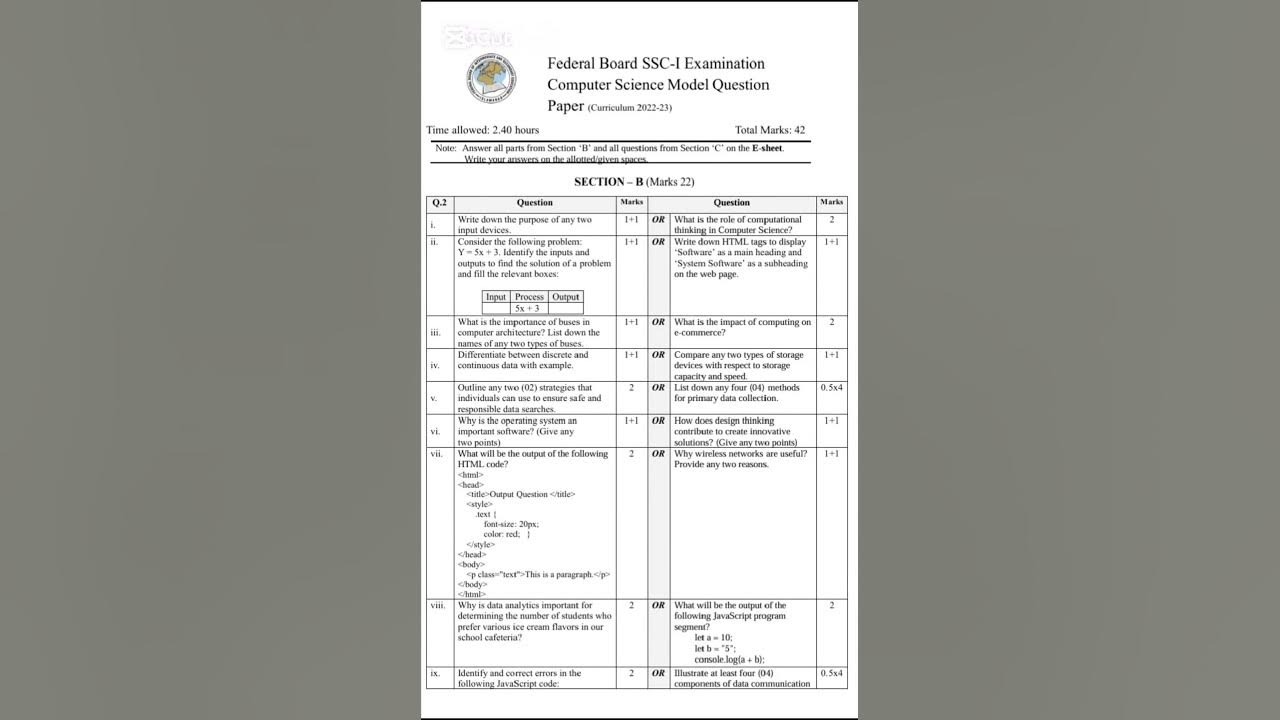 Fbise 9th Class (SSC-I) Computer Science Model Paper (Subjective) 2025 #fbise #modelpaper ...