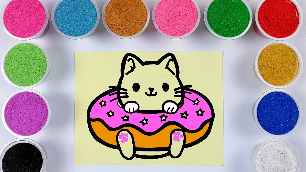 Sand Painting And Coloring Cat In A Donut Using Colored Sand | ASMR ...