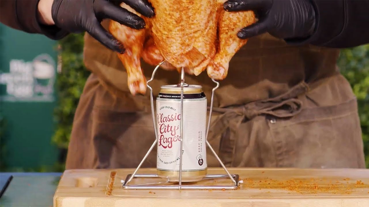How to use the Folding Beer Can Chicken Roaster on the Big Green Egg ...