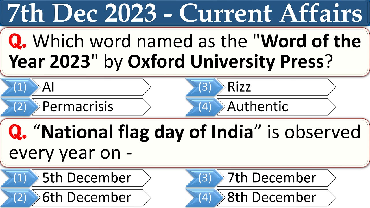 7th December 2023 || Top 16 Current Affairs MCQ with Explanation in ...