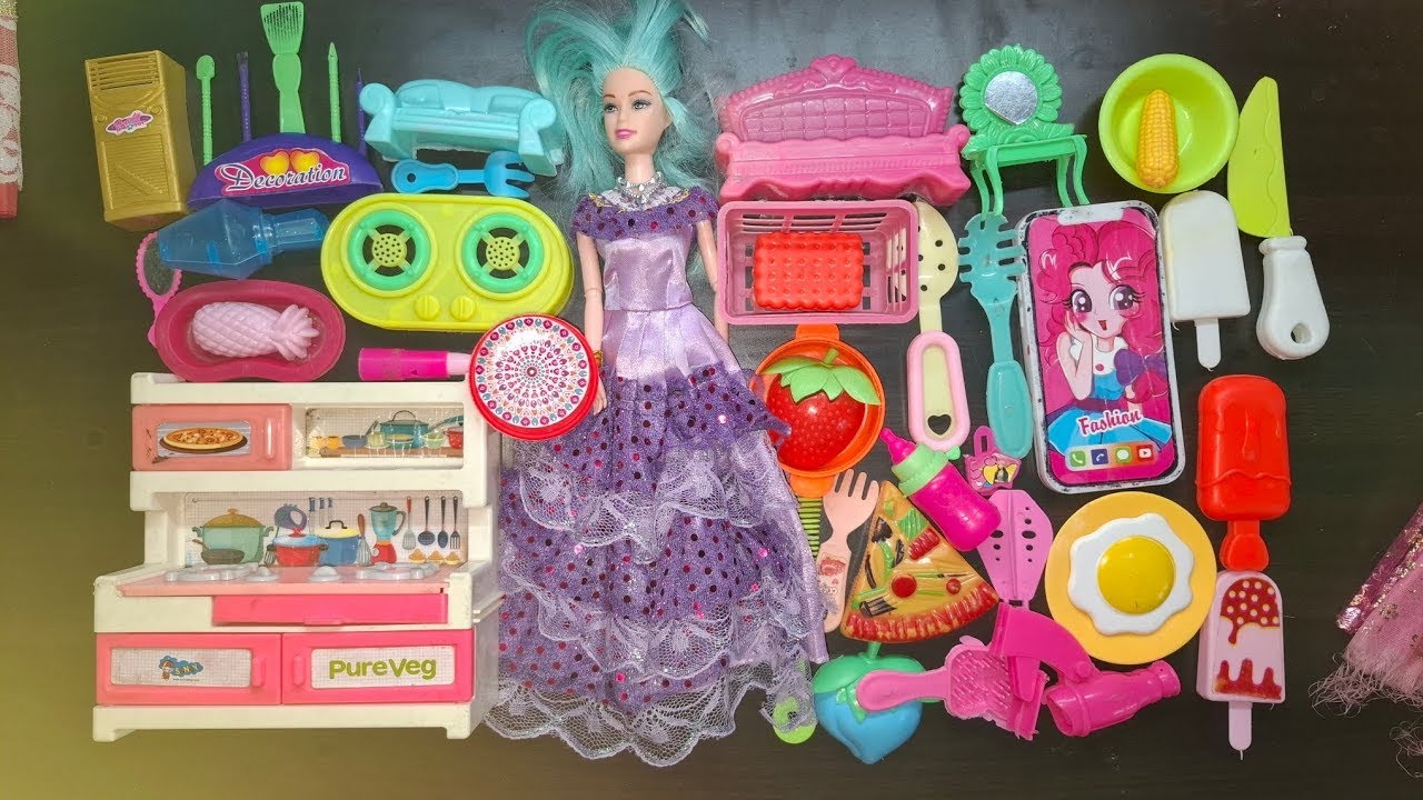 Little kitchen cooking set || barbie doll kitchen set - YouTube