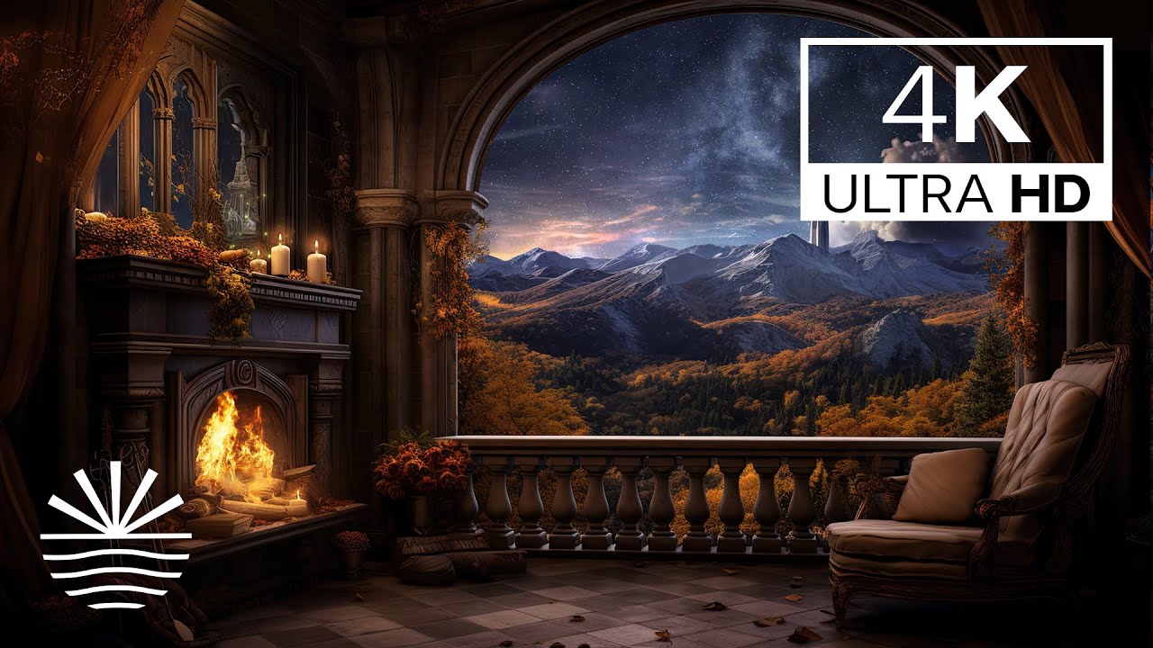 Autumn Terrace with Cracking Fireplace | Nature Sounds | Autumn Forest ...