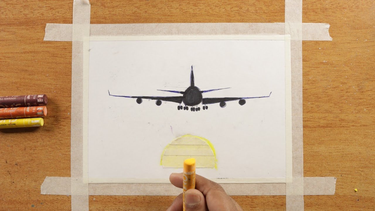 Plane Landing / Easy Oil Pastel Drawing for Beginners / Sunset Oil ...
