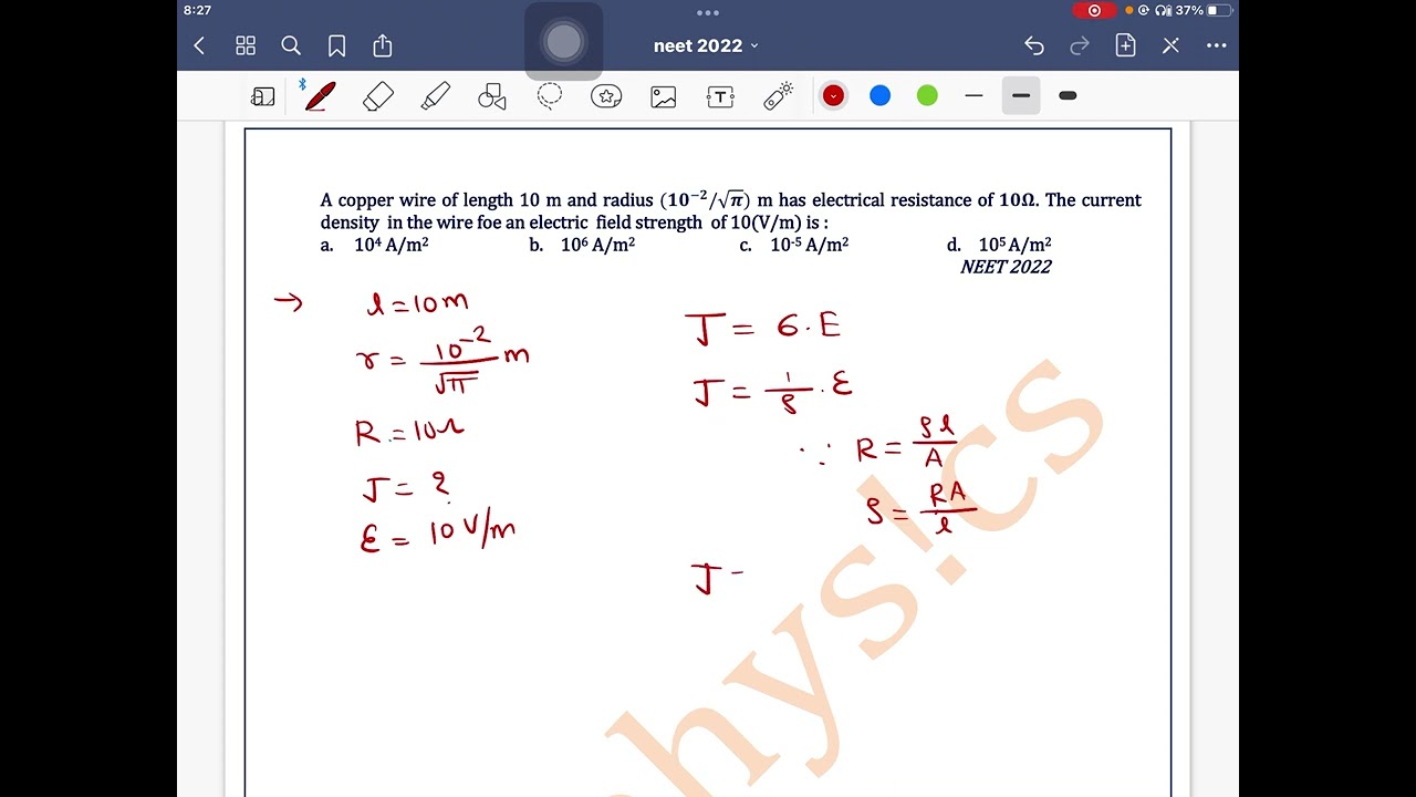 A copper wire of length 10 m and radius (〖10〗^(-2)/√π) m has electrical ...