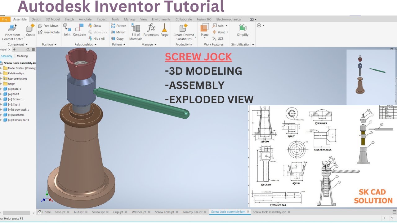 Autodesk Inventor Tutorial: Screw Jock: 3D Modeling, Assembly & Exploded View - YouTube