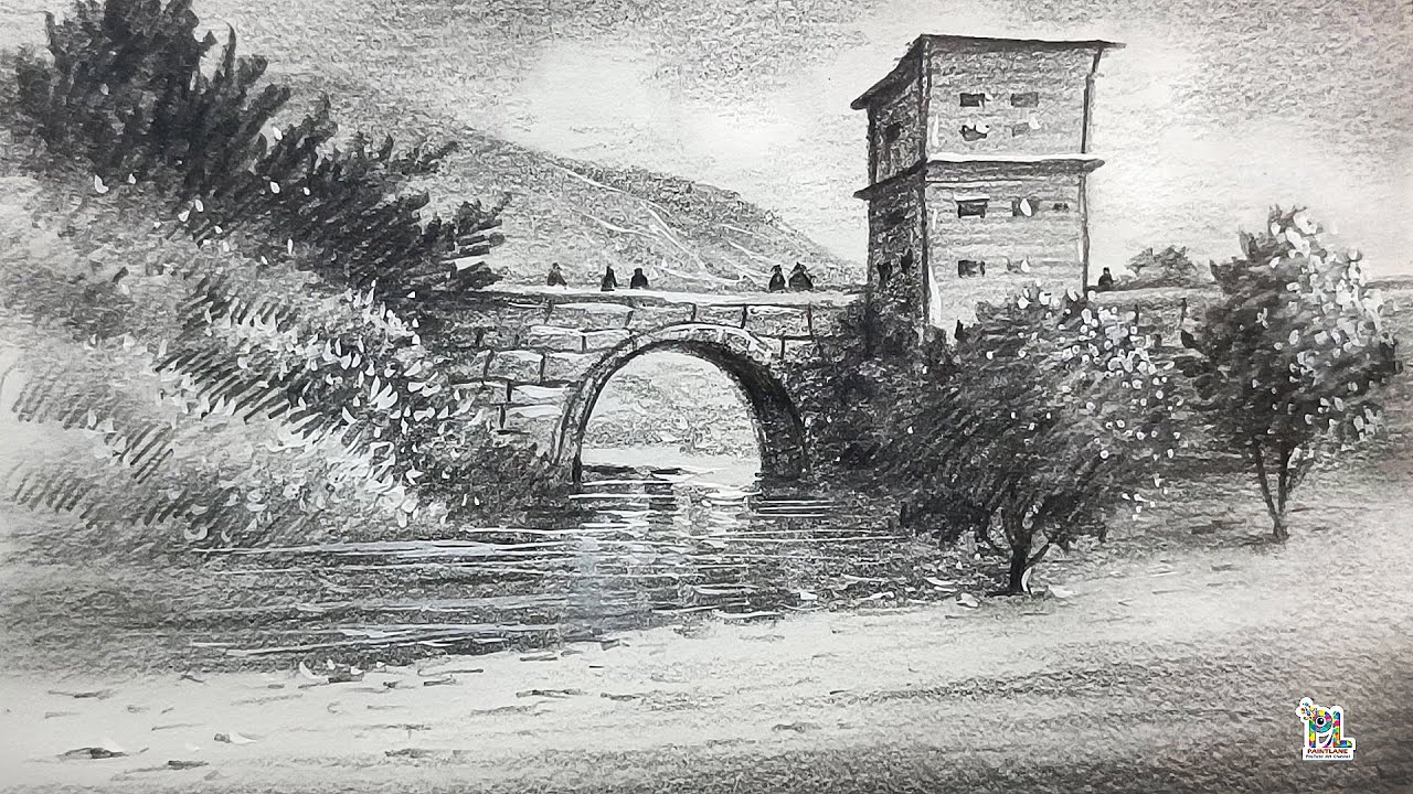 How to draw wall bridge in Village Landscape Art - YouTube