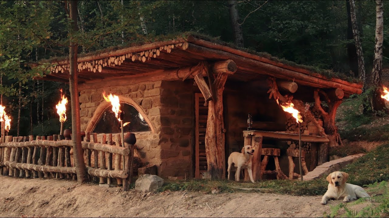 Man Builds Bushcraft Stone & Log Cabin in Woods with only Hand tools ...