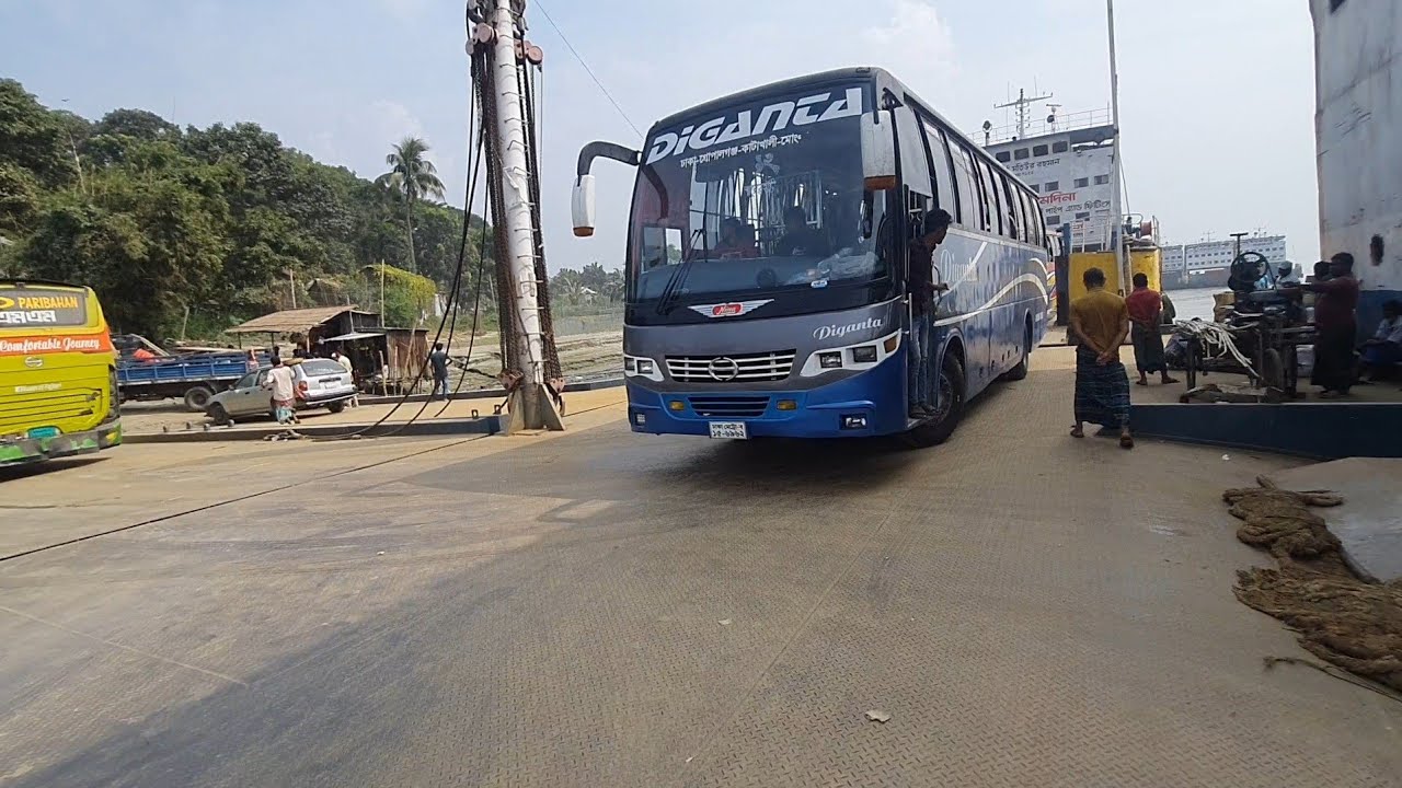 Big ferry terminal unload bus truck car by big ferry - YouTube