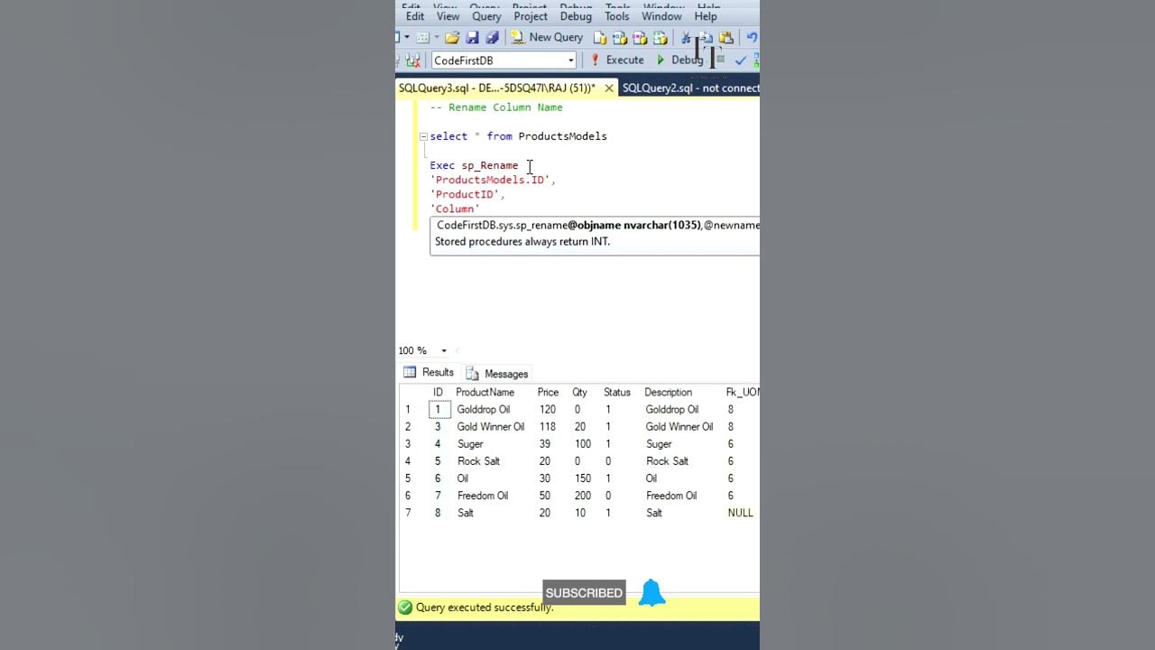 Rename Column in Sql Server | Part-17 #beginners #sqltutorial #telugu #youtubeshorts #howto #sql ...