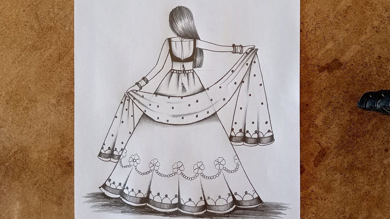 How to draw a girl backside in beautiful traditional dress|girl drawing ...