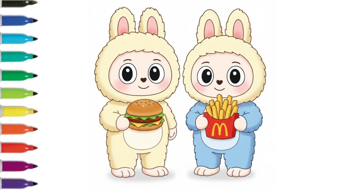 Labubu with Friends Eating Burger and Fries Drawing, Painting ...