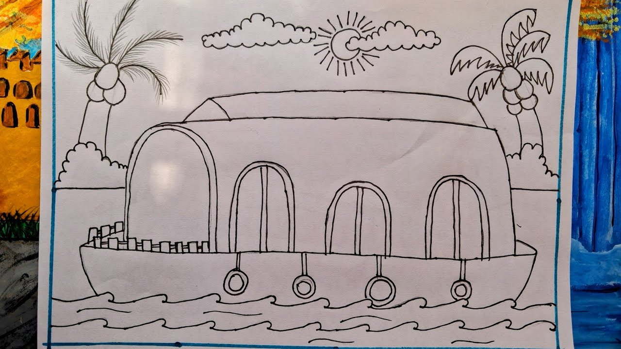 🚤 Beautiful Houseboat Drawing | Simple Scenery Art for Kids | 🌴 Kerala ...
