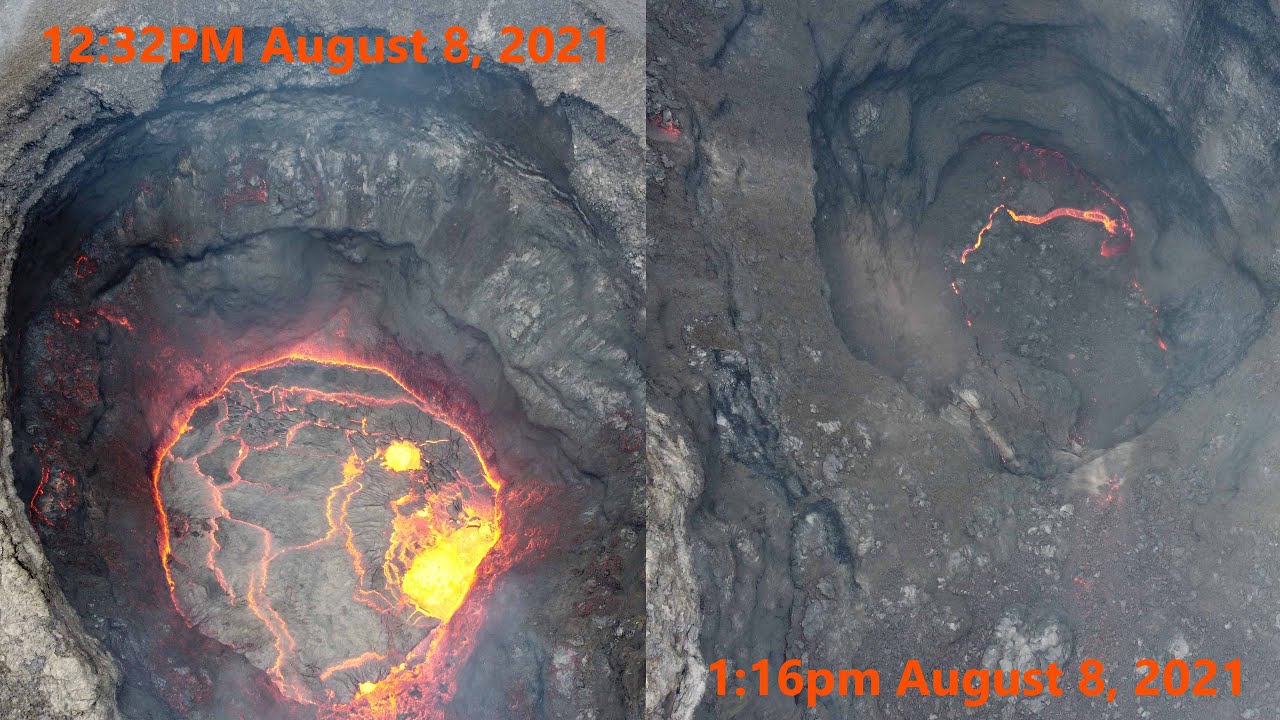 Inside volcano lava level comparison at 1 hour and at 15 minutes after ...