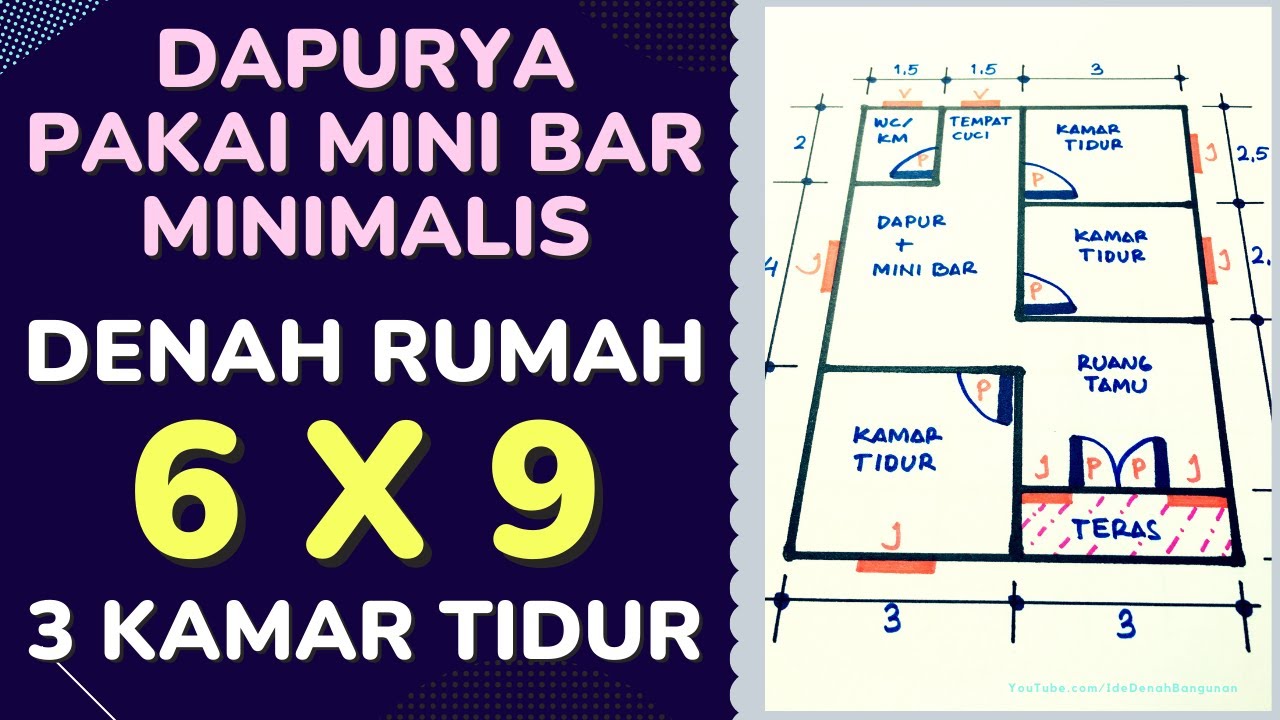 Denah Rumah Ukuran 6x9 Dengan 3 Kamar Tidur Dan Dapur Mini Bar ...