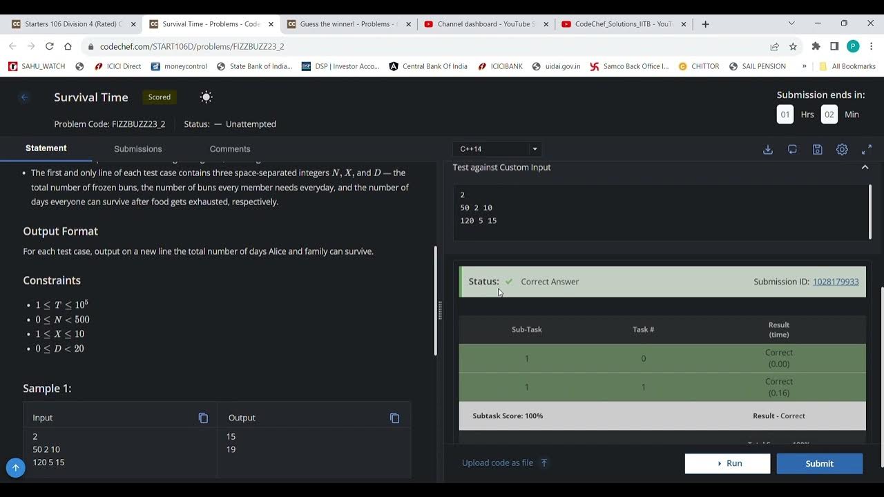 Survival Time|| SOLUTION||CODECHEF||DIVISION 4 - YouTube