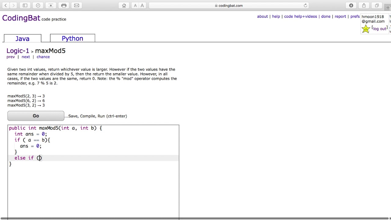 Logic 1 Maxmod5 Java Tutorial Codingbat Com Youtube 1782