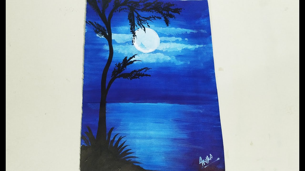 Acrylic painting of beautiful moonlight night sky landscape tutorial ...