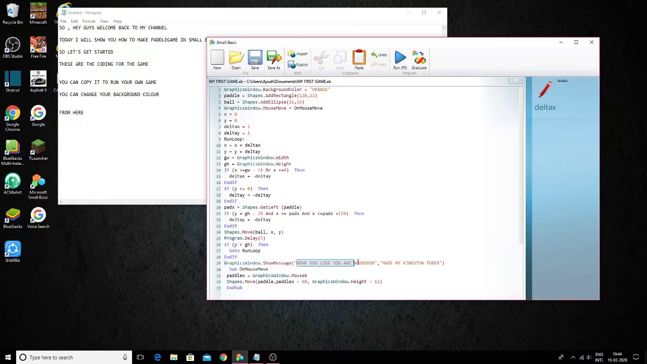 CODING OF PADDLE GAME IN( SMALL BASIC) - YouTube