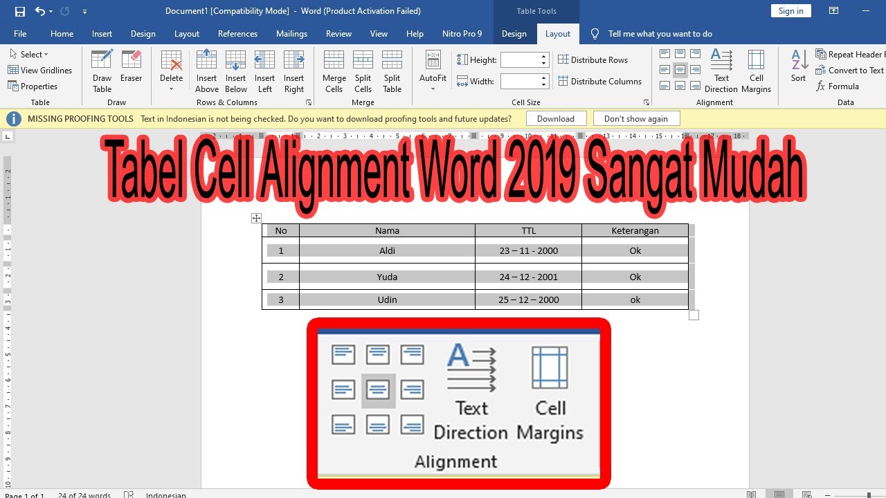 Cara Membuat Tabel Cell Alignment Untuk Teks Rataan Pada Word 2019 ...