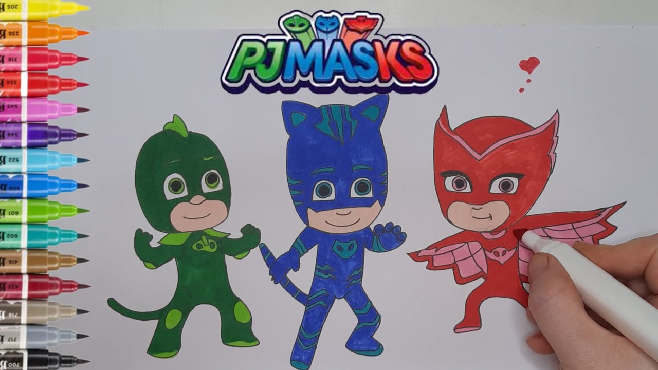 Drawing and Coloring PJ MASKS Easy 🟢🔵🔴 ||Easy Drawing for Kids - YouTube
