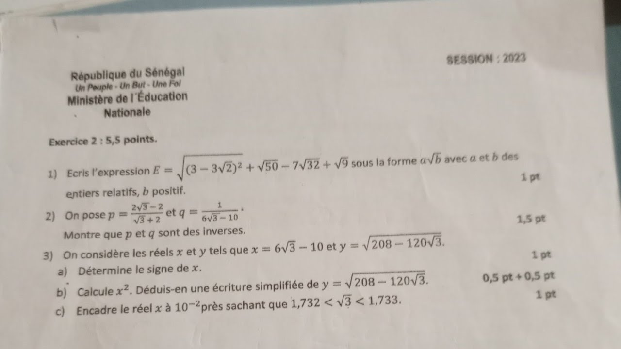 CORRECTION DU BFEM 2023: Exercice2 du premier groupe - YouTube