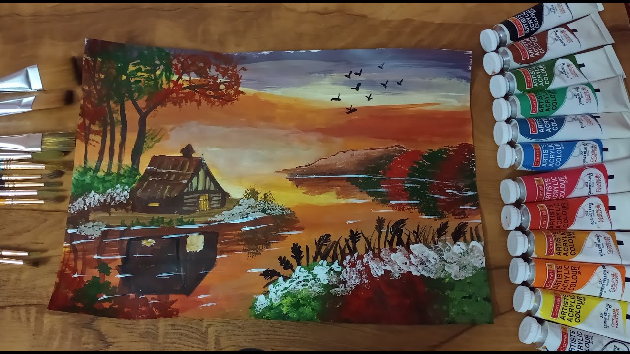 How to Paint a House and Riverside Scenery l Acrylic Paint l Evening ...
